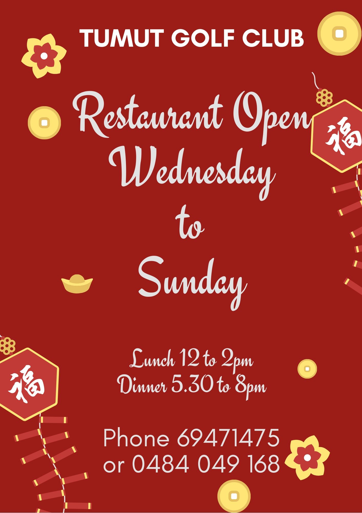Restaurant Open Wednesday to Sunday! - Tumut Golf Club